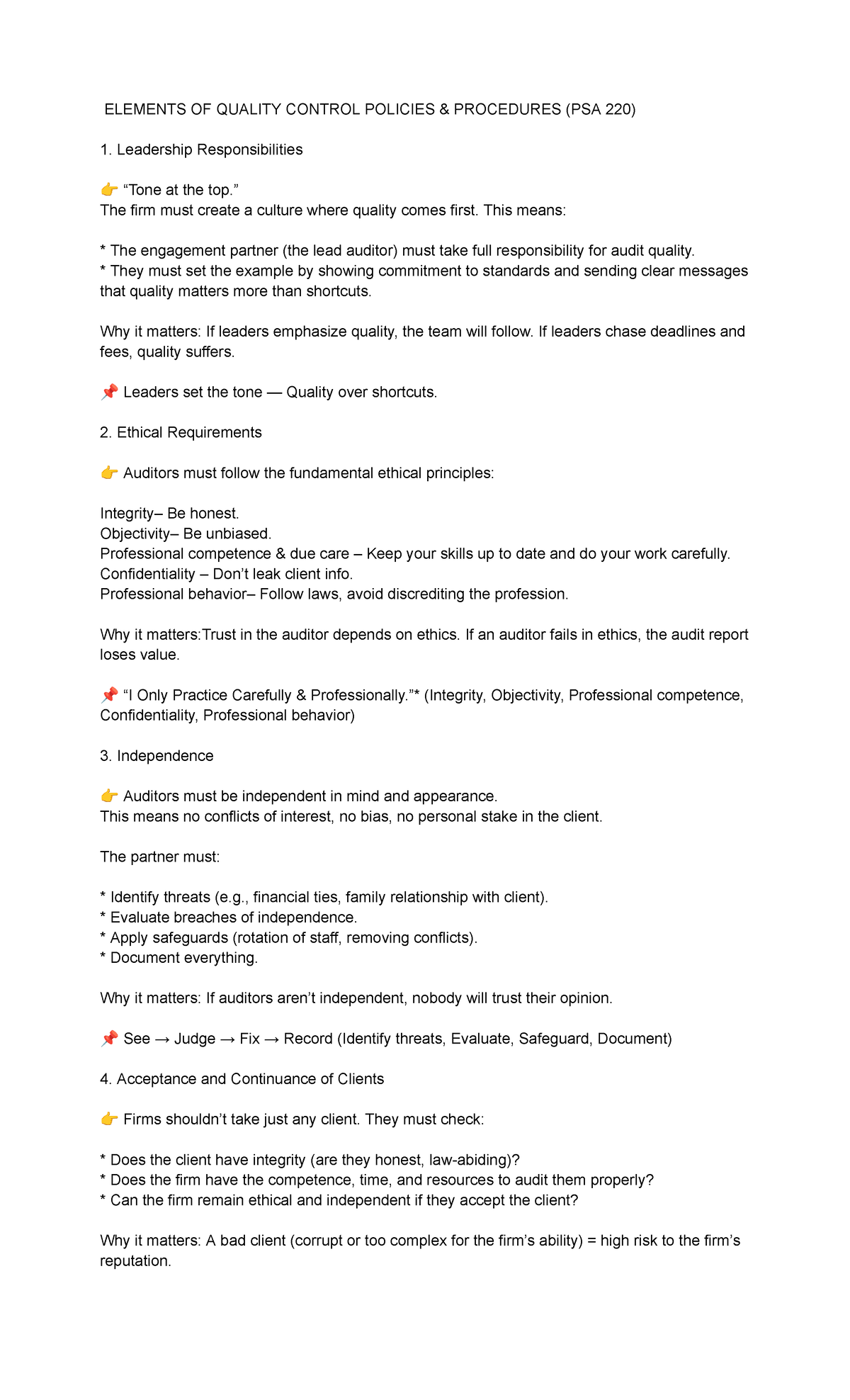 Quality Control Policies & Procedures Summary (PSA 220) - Studocu
