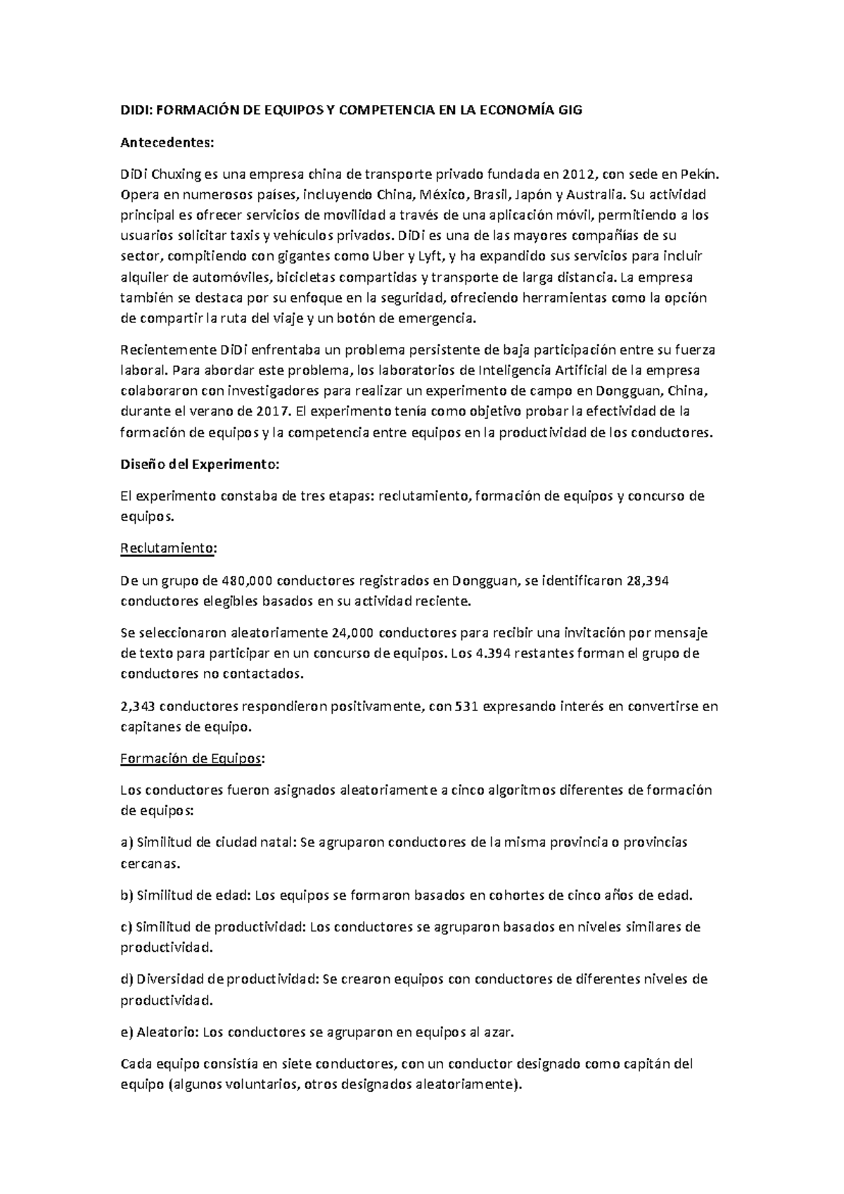 CASO DIDI: Formación de Equipos y Competencia en la Economía Gig - Studocu