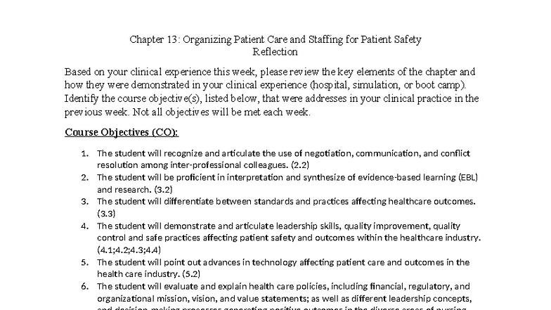Chapter 13 Reflection: Organizing Patient Care & Staffing for Safety ...