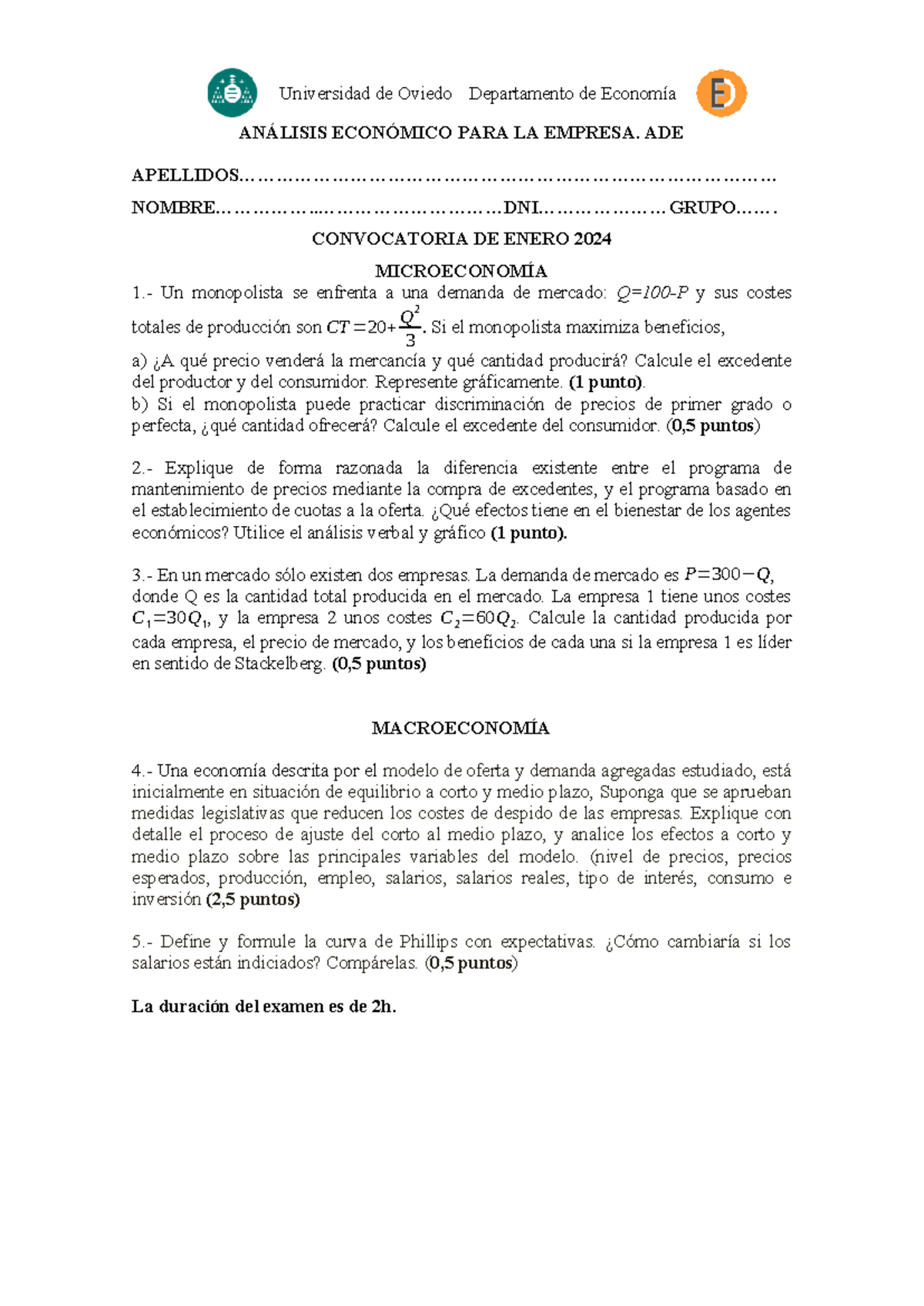 AEE Examen de Micro y Macroeconomía - Enero 2024 - Studocu