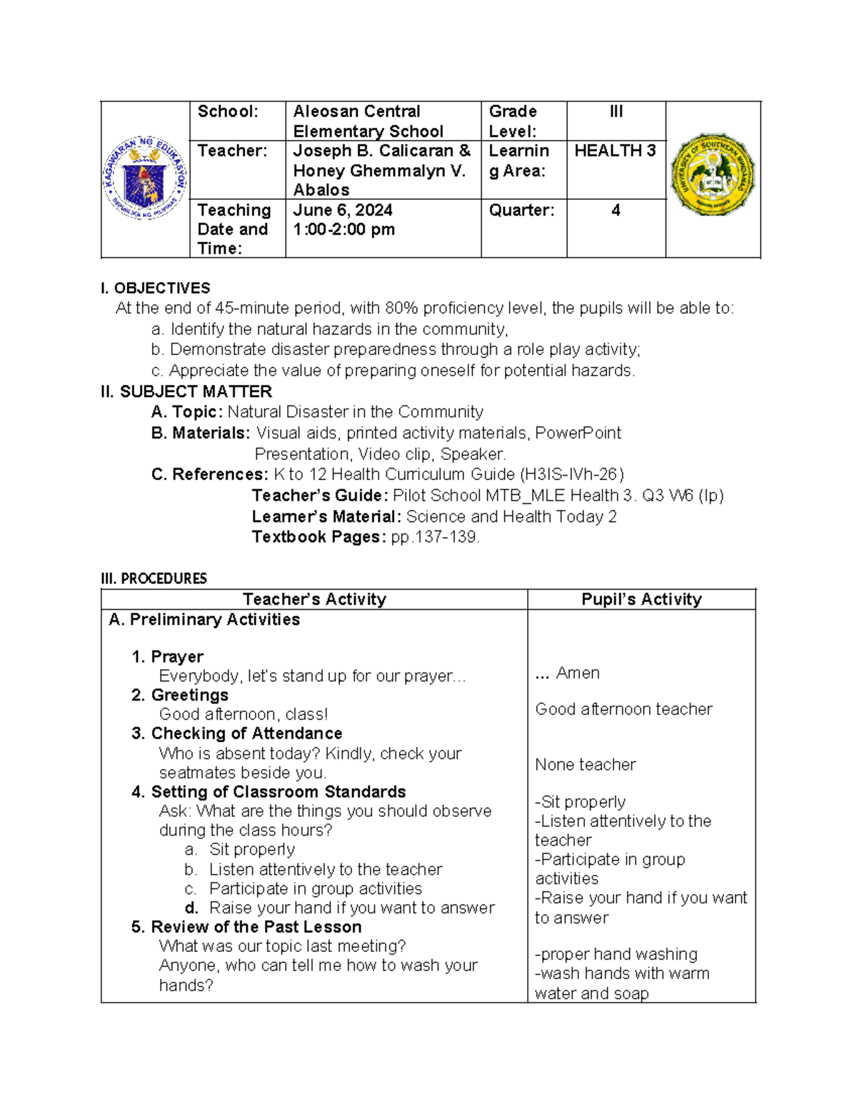 Health-LP - lesson plan - School: Aleosan Central Elementary School ...