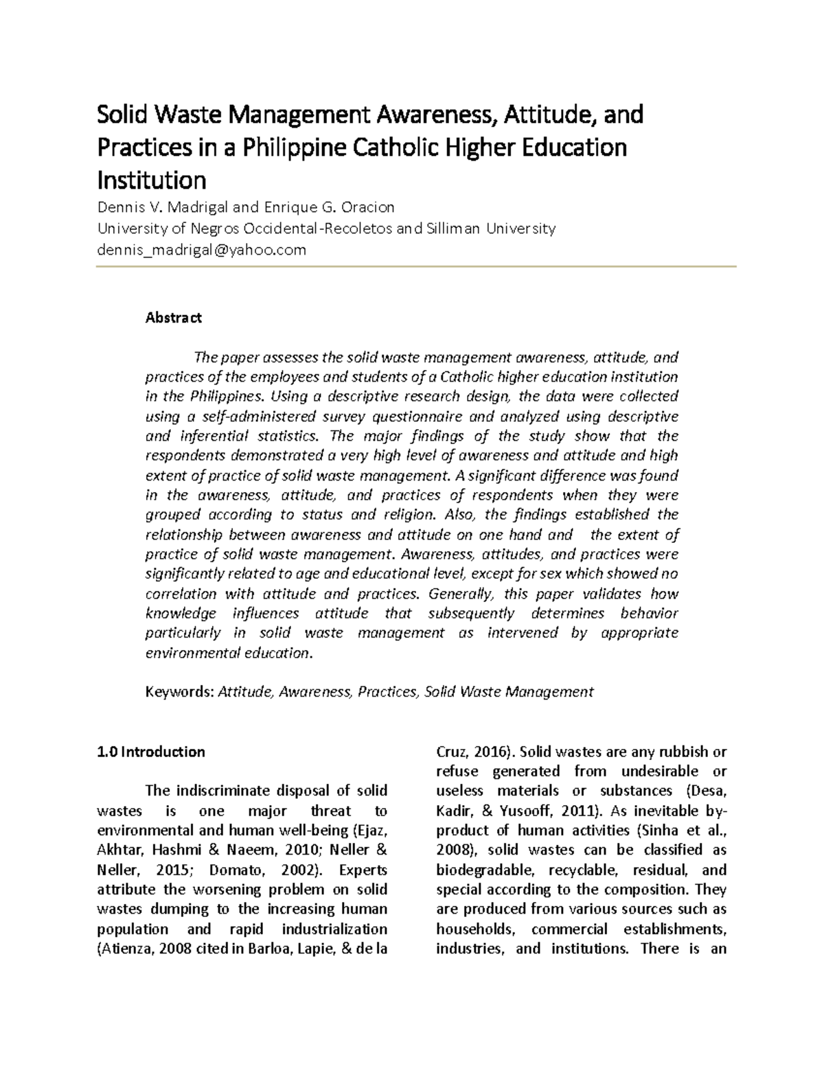 Solid Waste Management Awareness and Practices in a Catholic University - Studocu