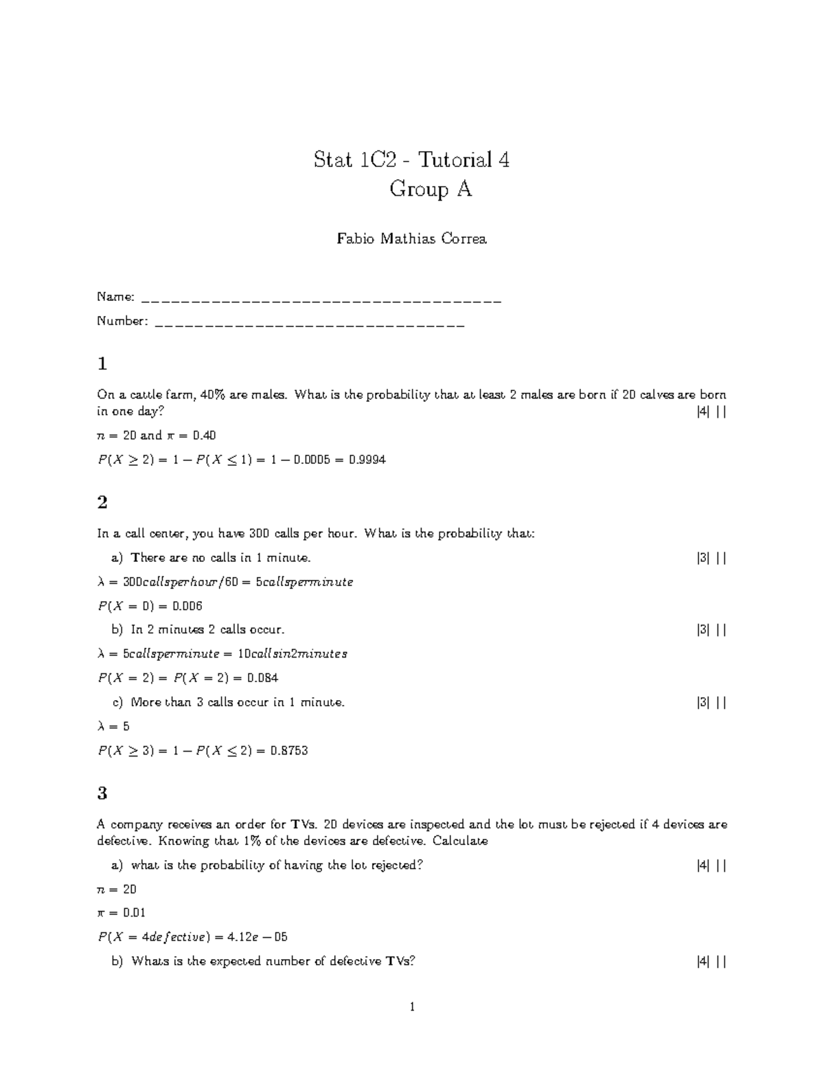 Stat 1C2 Week 4 Tutorial: Probability Problems and Solutions - Studocu