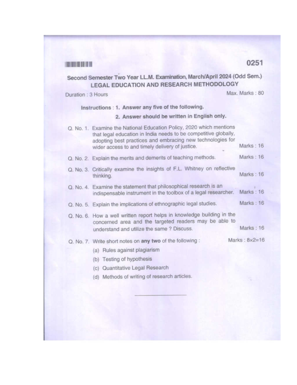 0251 LL.M. Legal Education & Research Methodology Exam Papers ...