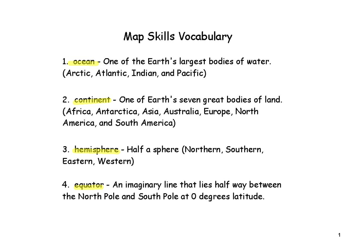 Ss map skills PDF - 1234567 - Map Skills Vocabulary 1. ocean - One of ...