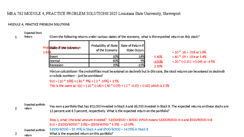 MBA 702 Module 4, Practice Problem Solutions 2025 Louisiana State ...