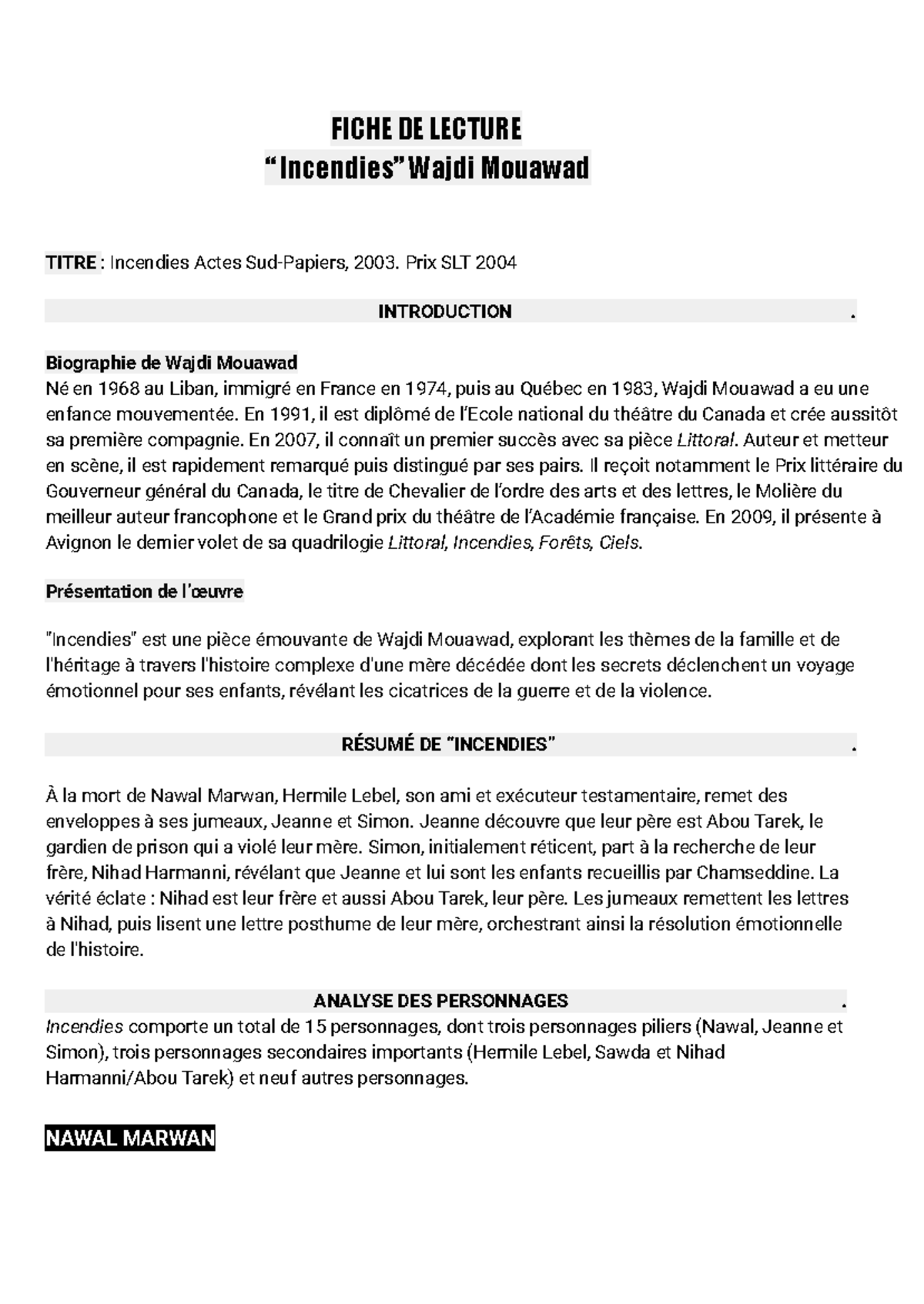 Fiche de Lecture : "Incendies" de Wajdi Mouawad [Analyse et Thèmes ...