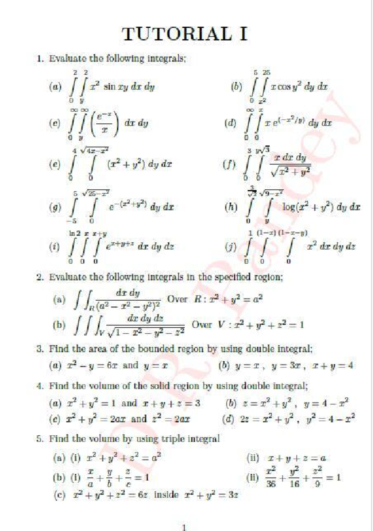 Tutorial 1 ( multiple integral) - Calculus II - TUTORIAL I 1. Evaluate ...