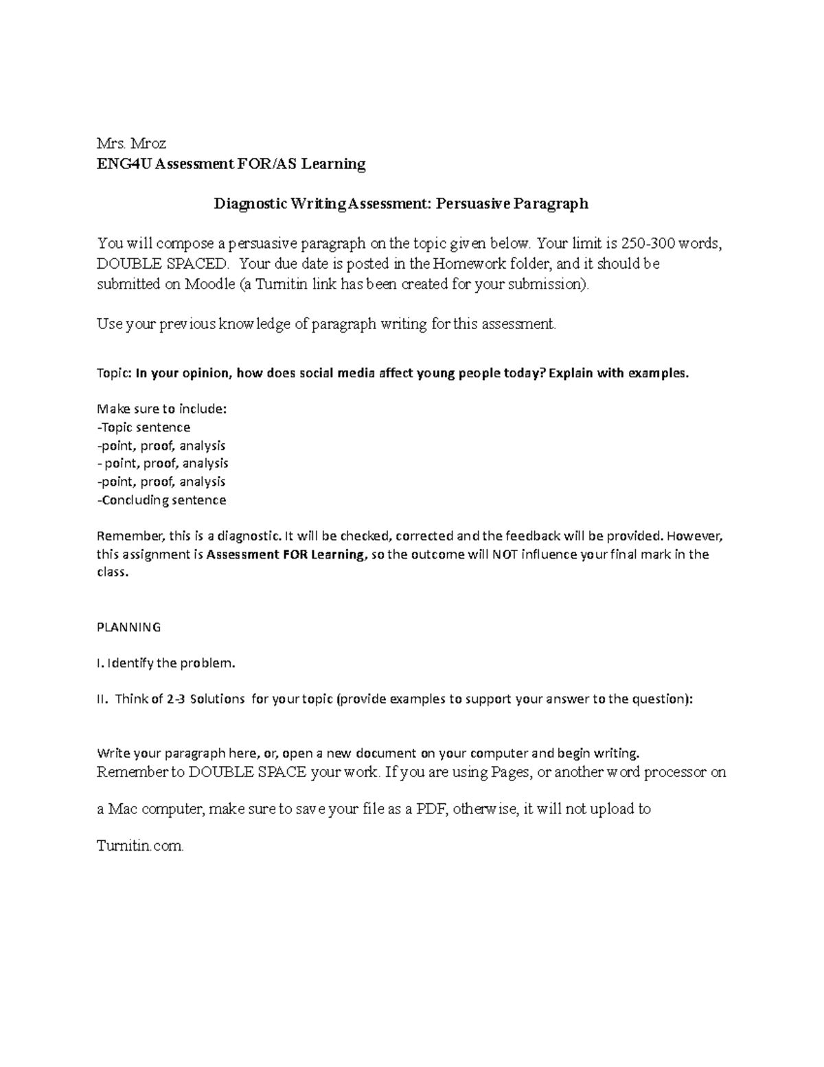 Diagnostic Writing 4U Version B - Mrs. Mroz ENG4U Assessment FOR/AS ...