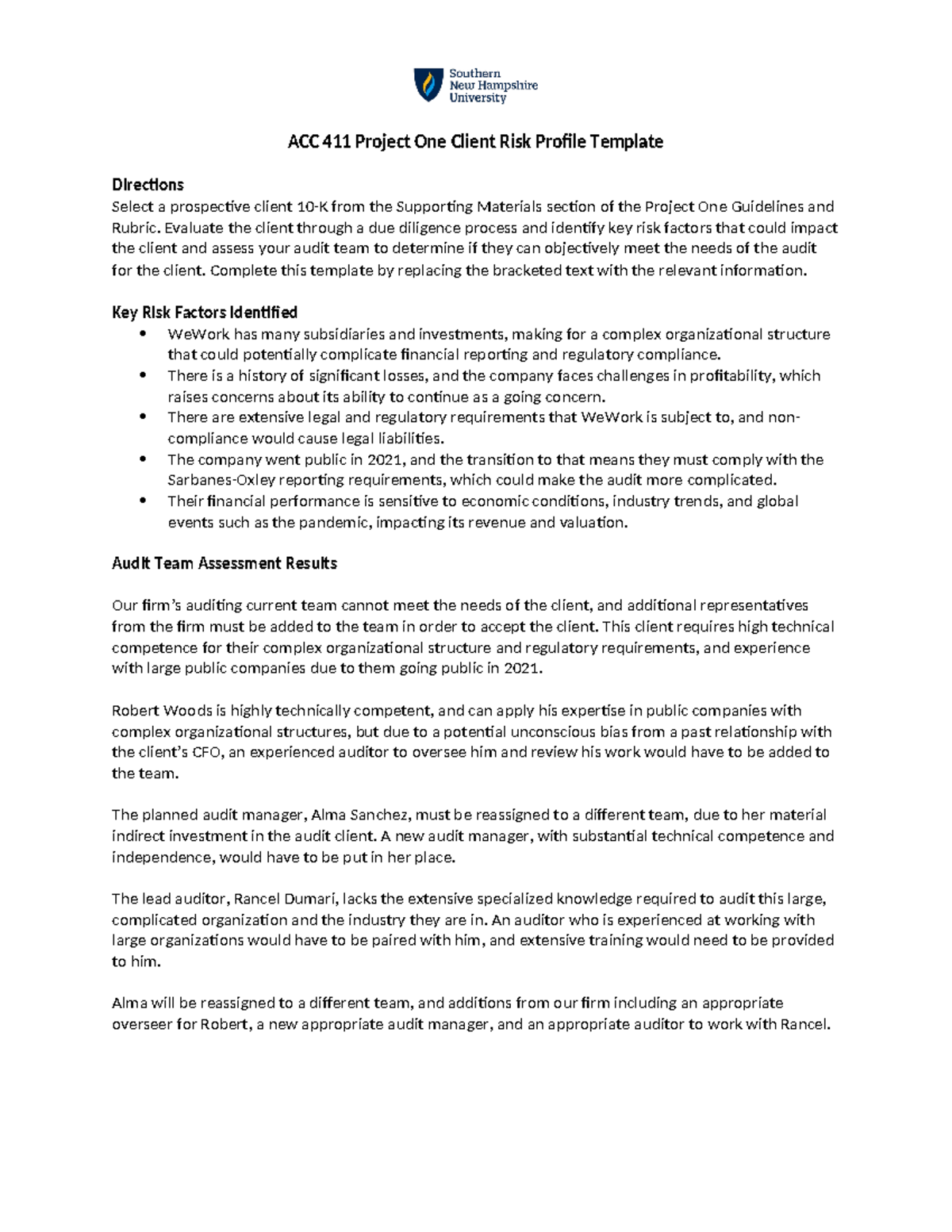 ACC 411 Client Risk Profile Analysis & Audit Team Assessment - Studocu