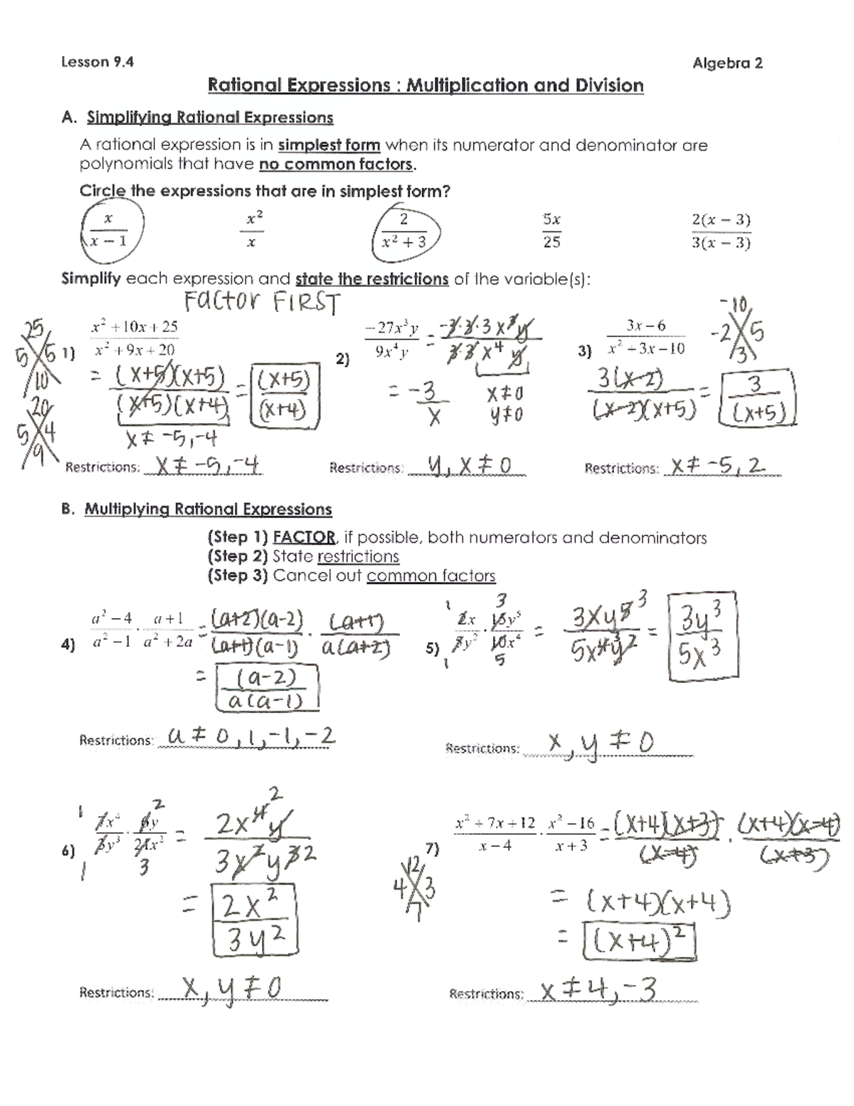 Algebra 2 Lesson 9.4 Notes: Rational Expressions Simplification ...