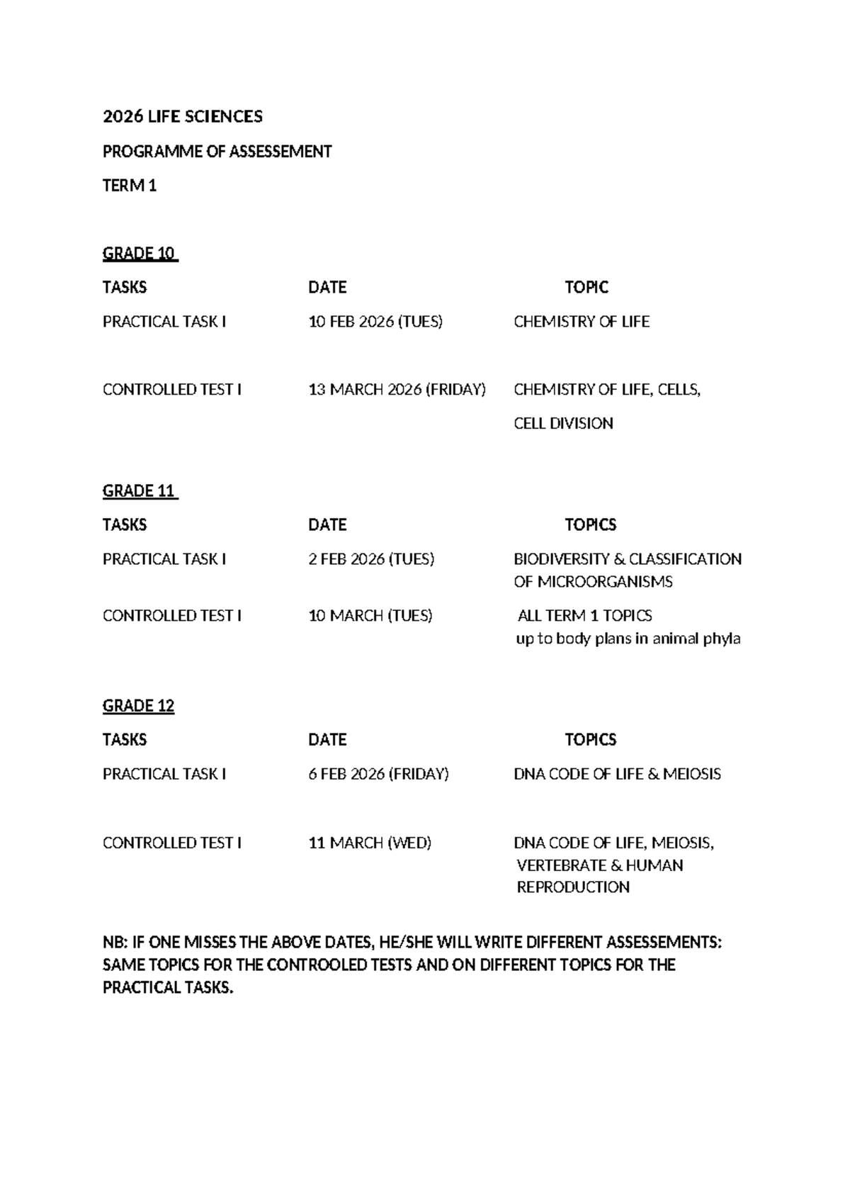 2026 LIFE SCIENCES GRADE 10-12 ASSESSMENT PROGRAMME - Studocu