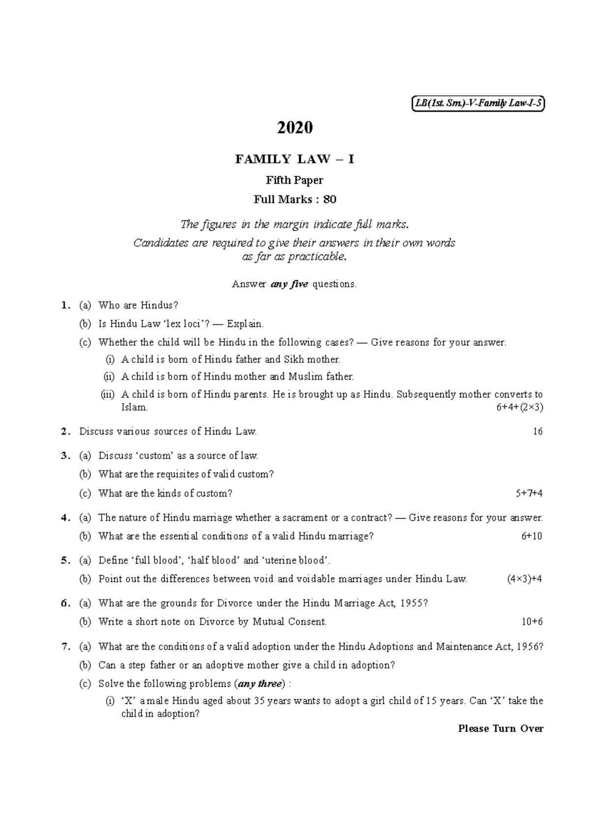 Family Law - I (LB 1st Sm) - 2020 Question Paper (Full Marks: 80) - Studocu