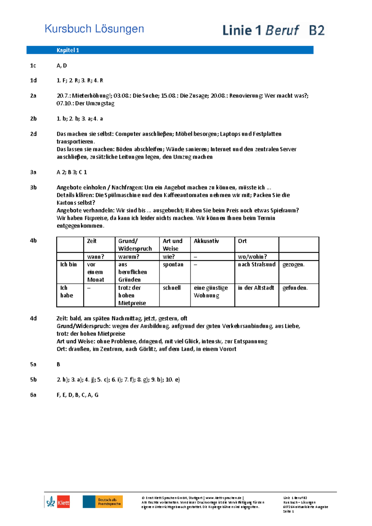 607264 Linie 1 Beruf B2 Kursbuch – Lösungen Kapitel 1 bis 9 - Studocu