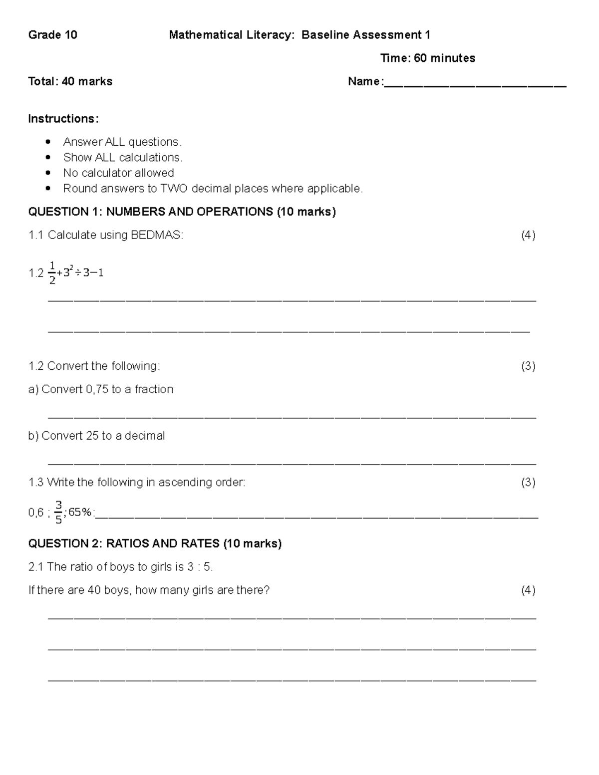 Grade 10 Mathematical Literacy: Baseline Assessment 1 Guide - Studocu
