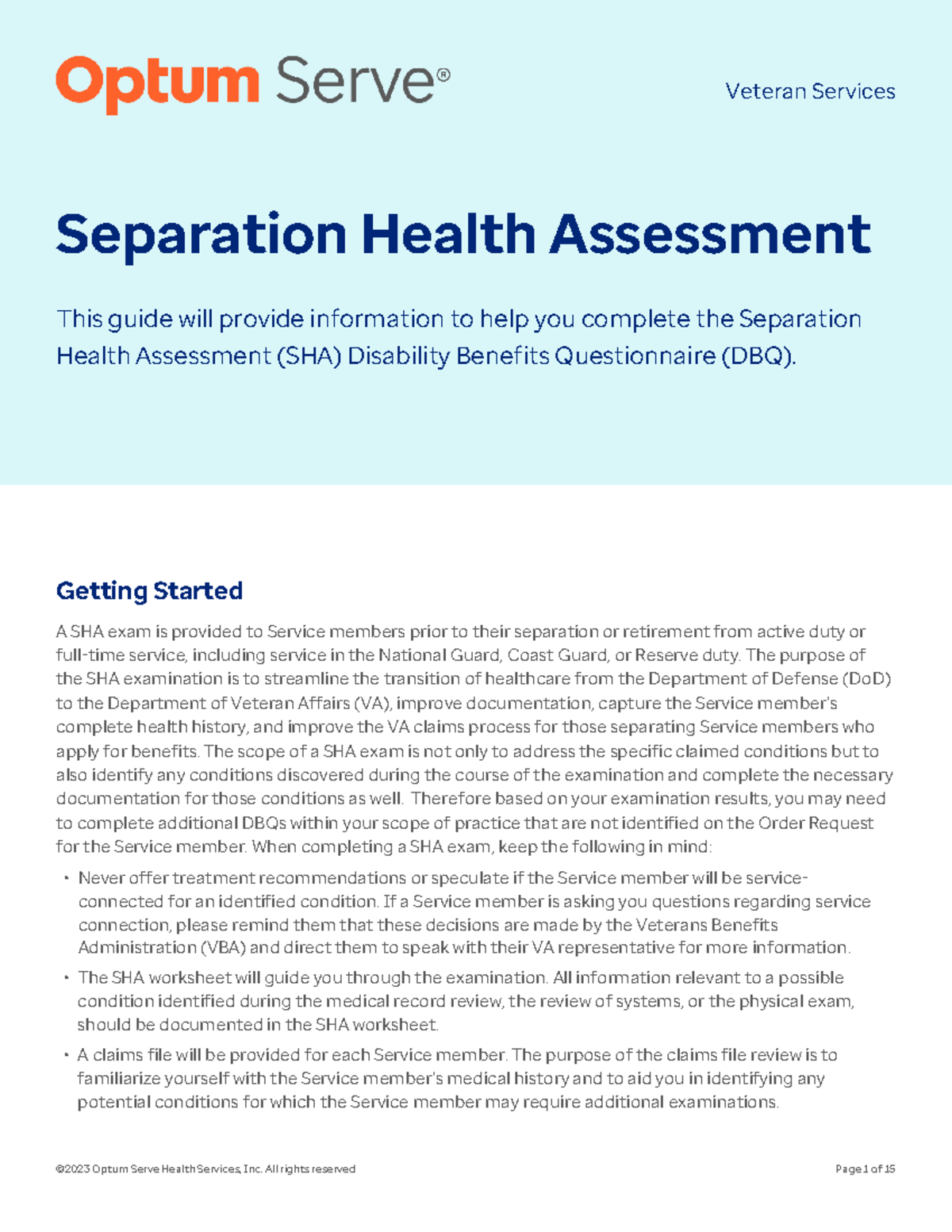 SHA Exam Guide for Service Members: Disability Benefits Questionnaire ...