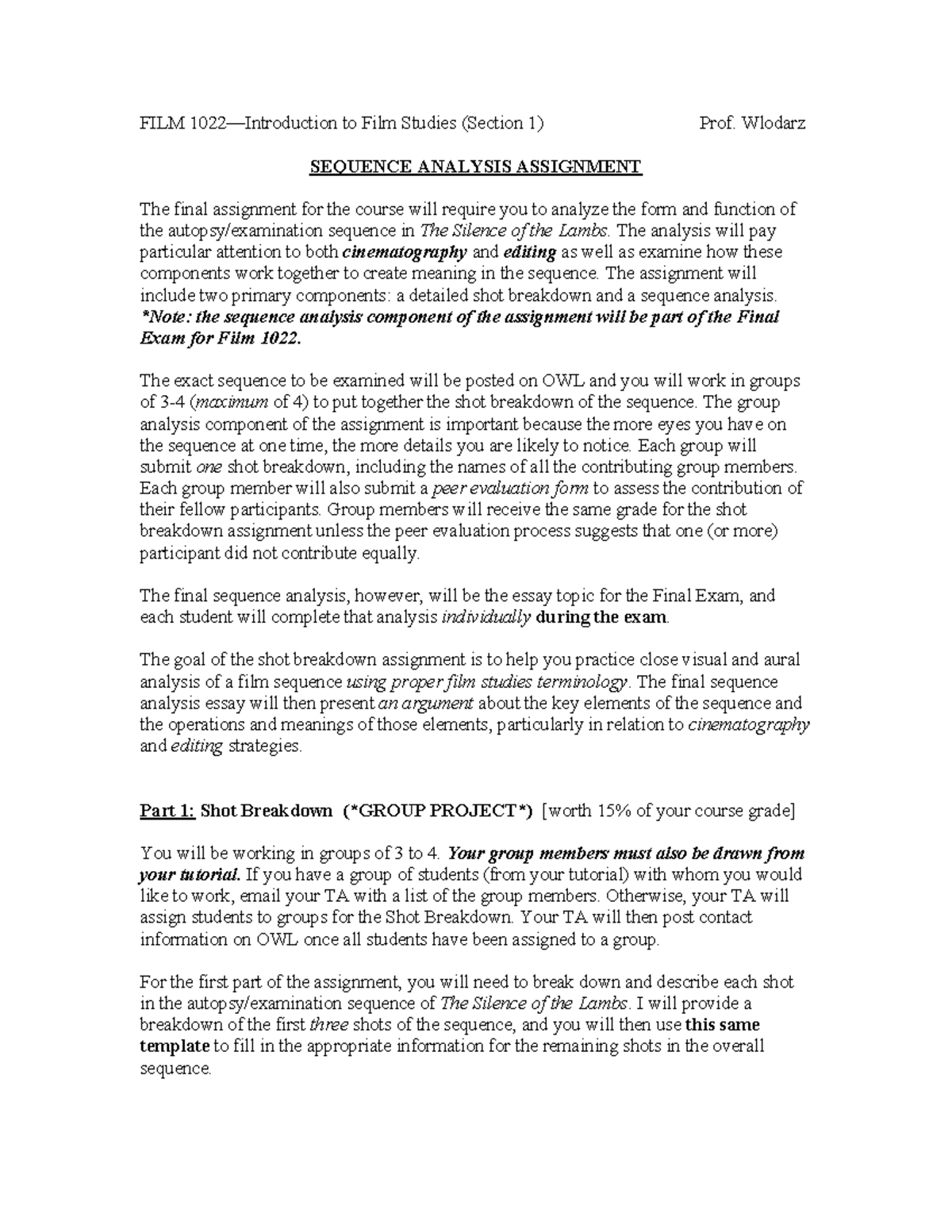 Wlodarz Film 1022 - Final Exam Sequence Analysis Assignment (2025 ...