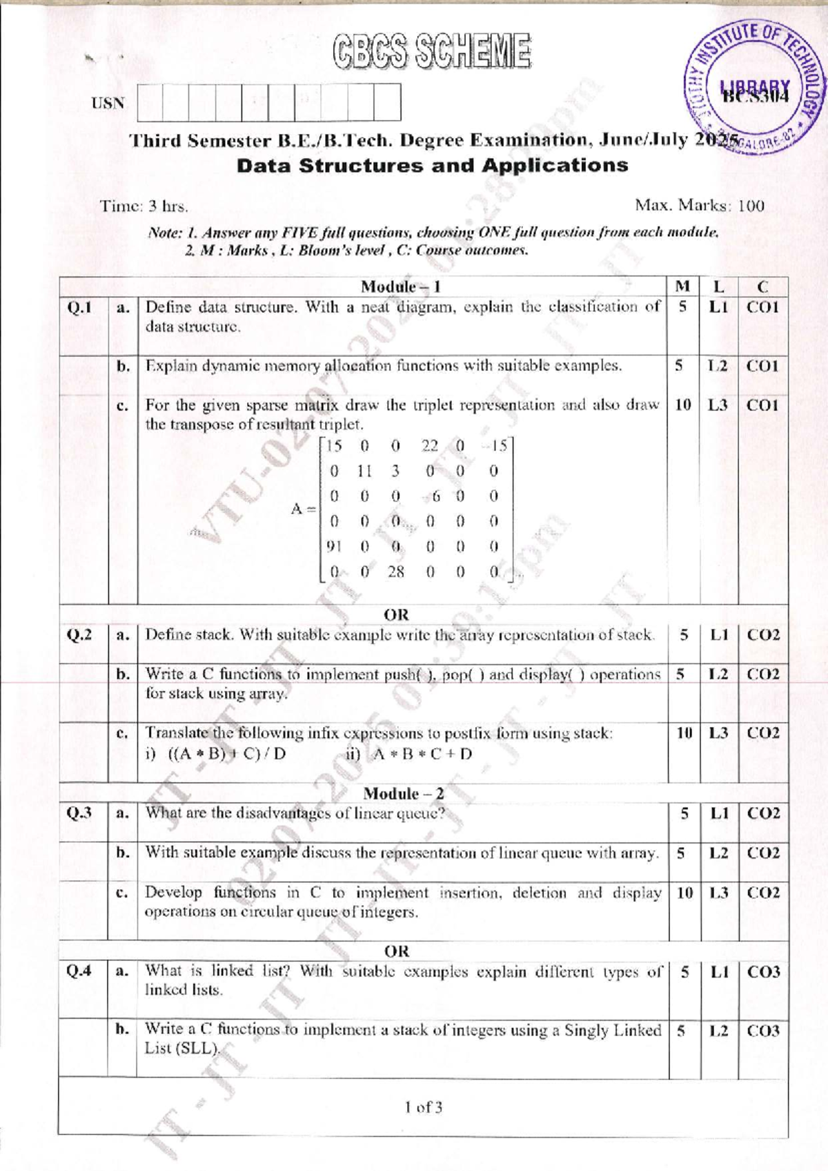BCS304 - IT Final Exam Question Paper on Data Structures - Studocu