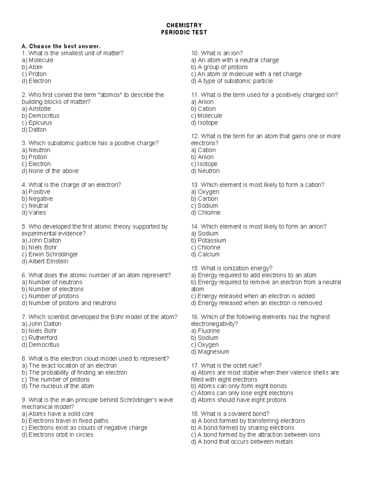 Chemistry Periodic Test: Key Concepts and Answer Key - Studocu