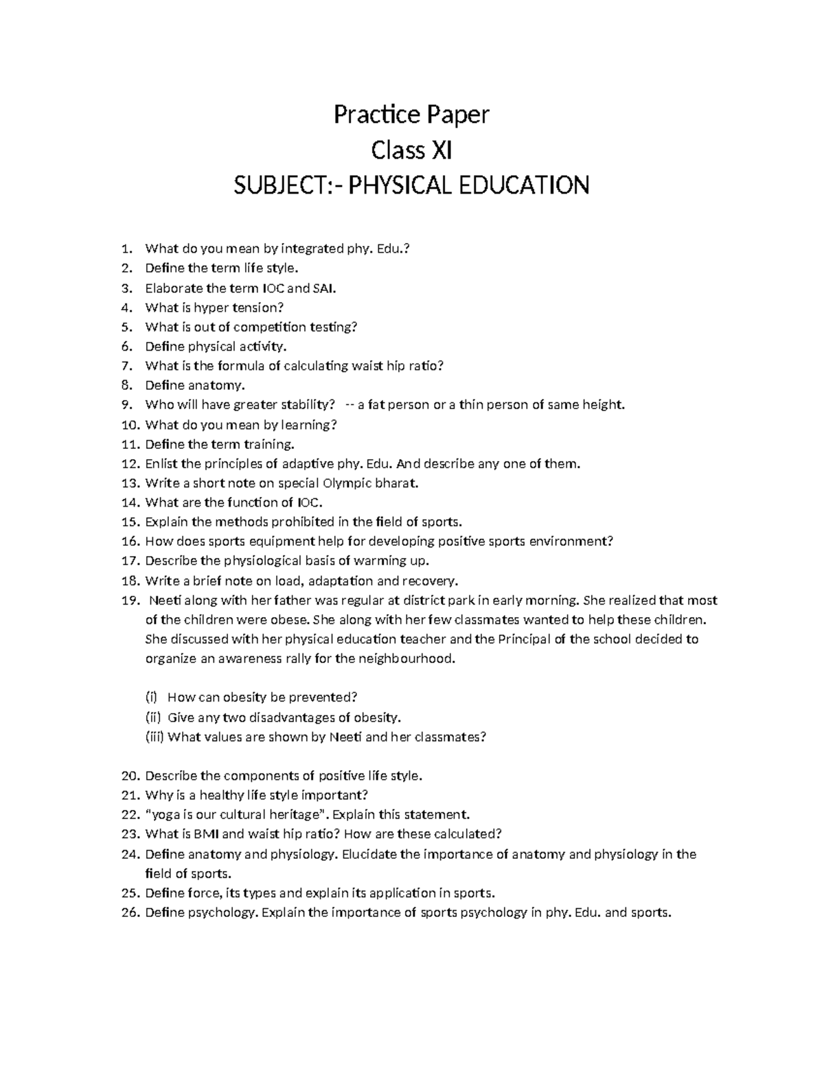 Practice Paper 1 Class XI Physical Education: Key Concepts ...