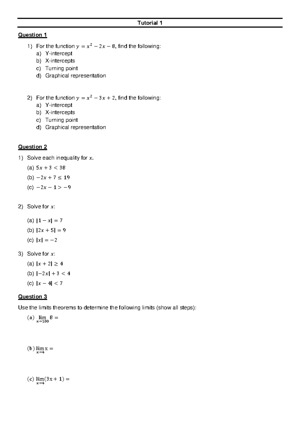 STK 133 Tutorial 1 Worksheet: Functions, Inequalities, and Limits - Studocu