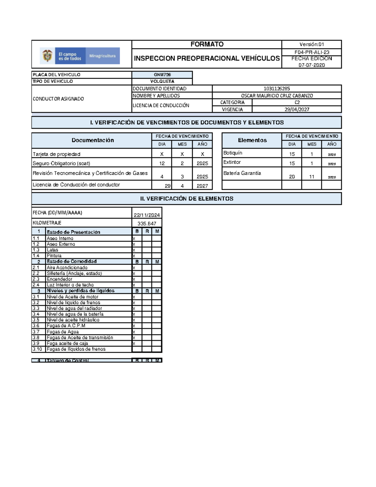 Inspección Preoperacional de Vehículos - GNM - Formato F04-PR-ALI - Studocu