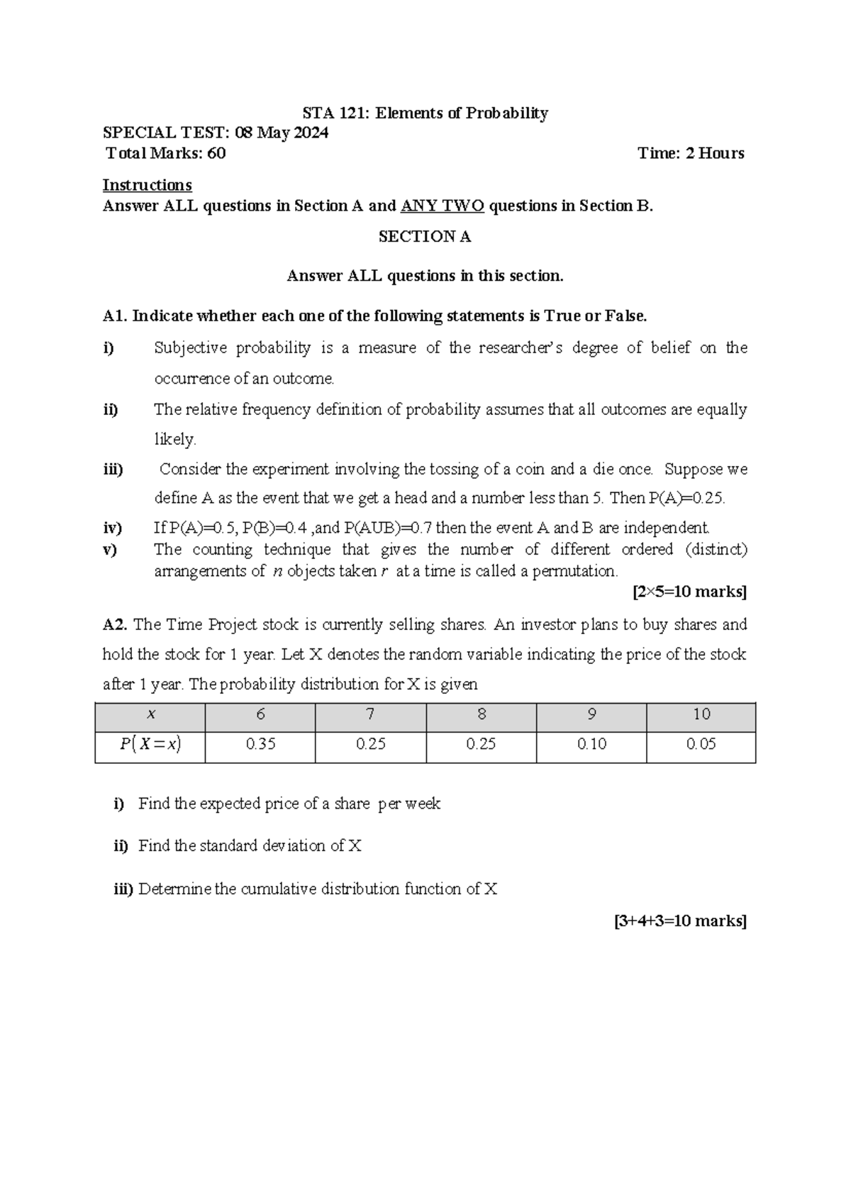 STA 121: Elements of Probability Special Test Review 2024 - Studocu