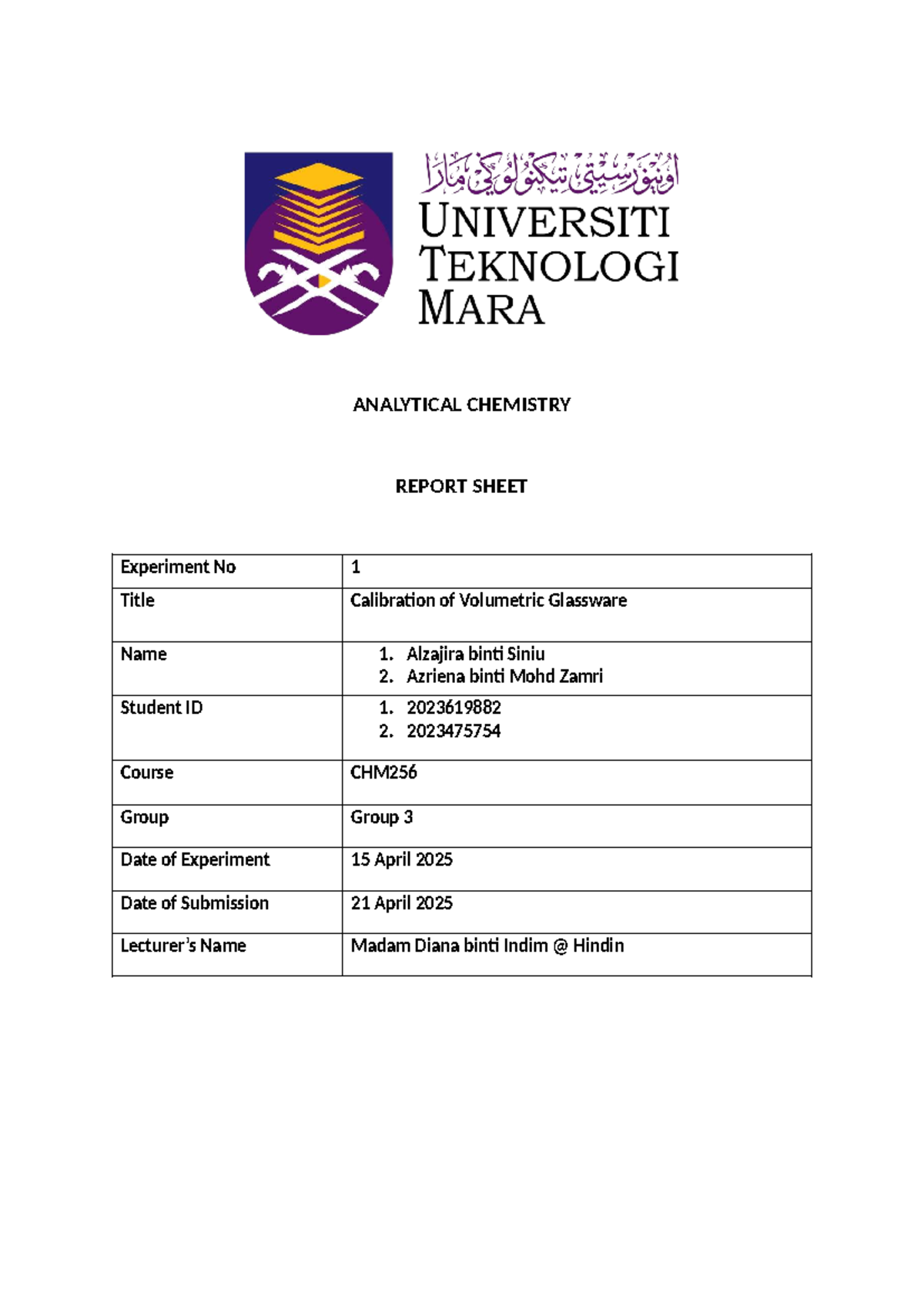 CHM256 Lab Report: Calibration of Volumetric Glassware (Exp 1) - Studocu