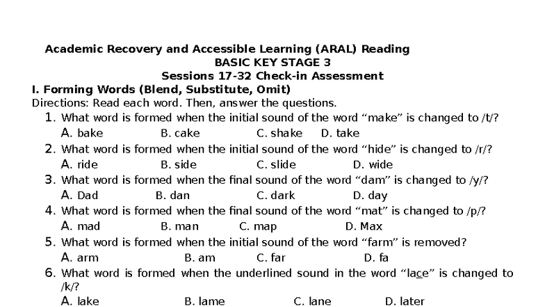 Final ARAL Reading Basic KS3 Check-in Assessment Sessions 17-32 - Studocu