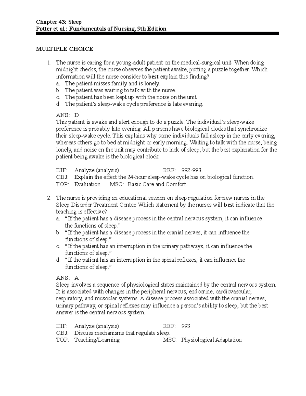 Chapter 43: Understanding Sleep Patterns and Nursing Interventions ...