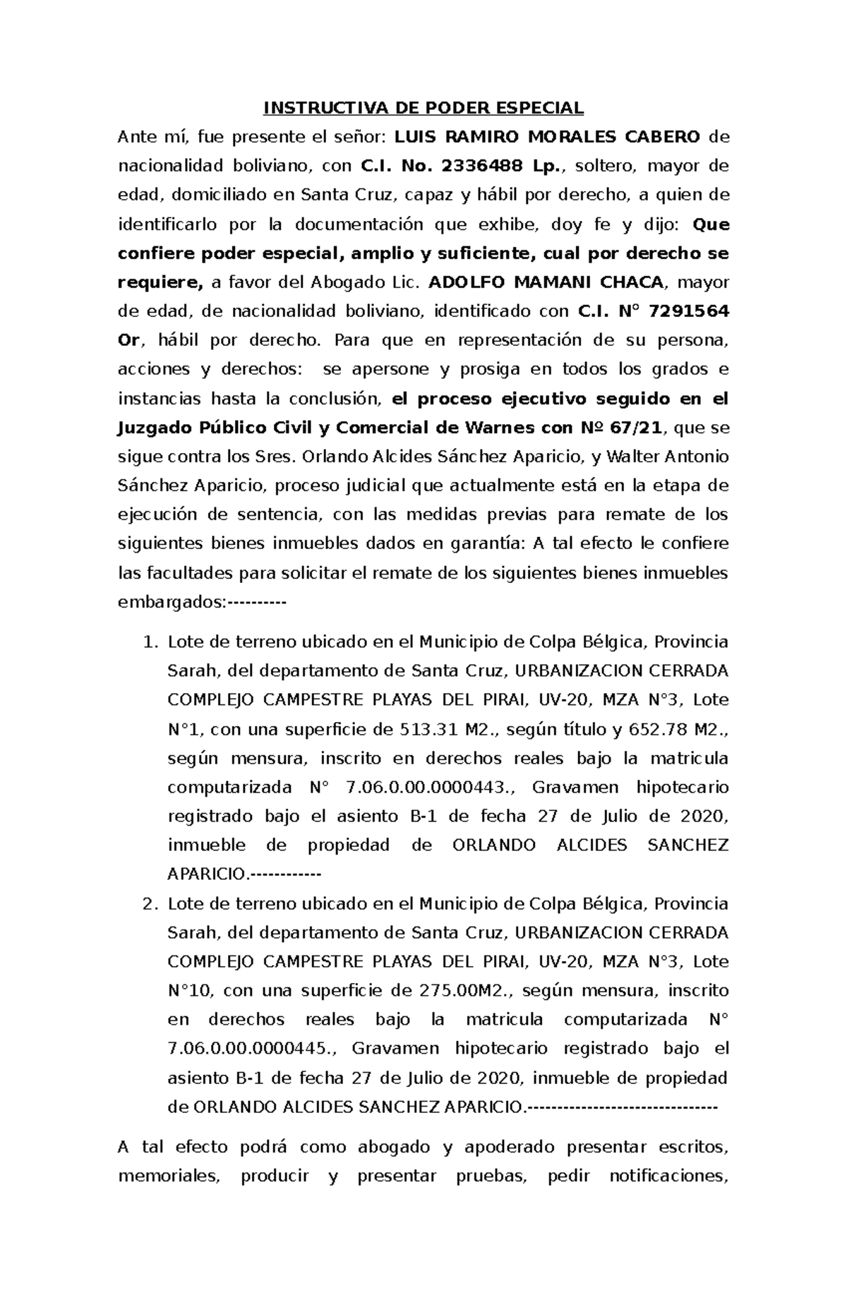 Instructiva de Poder Especial para Proceso Judicial en Warnes - Studocu
