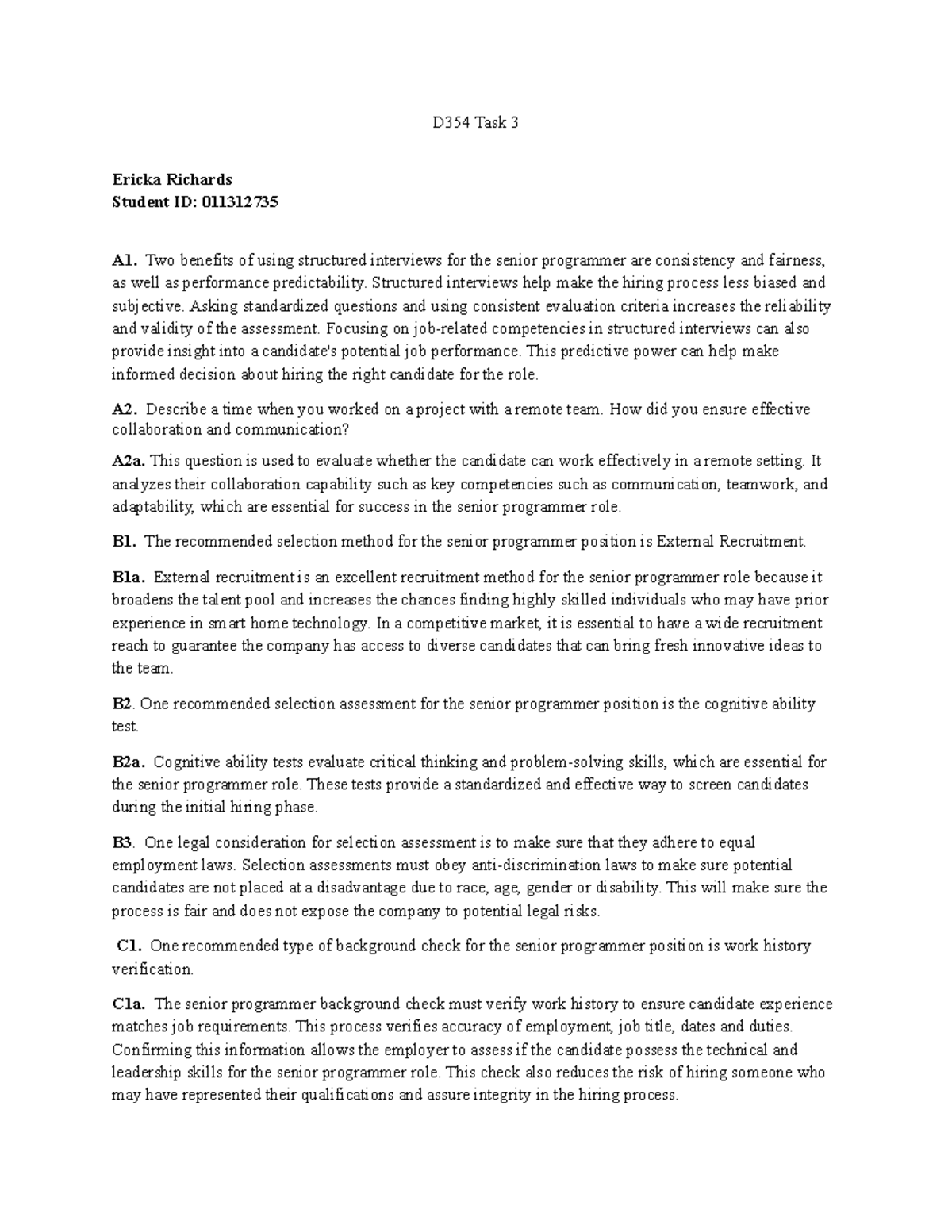 D354 Task 3: Structured Interviews & Selection Methods for Senior ...