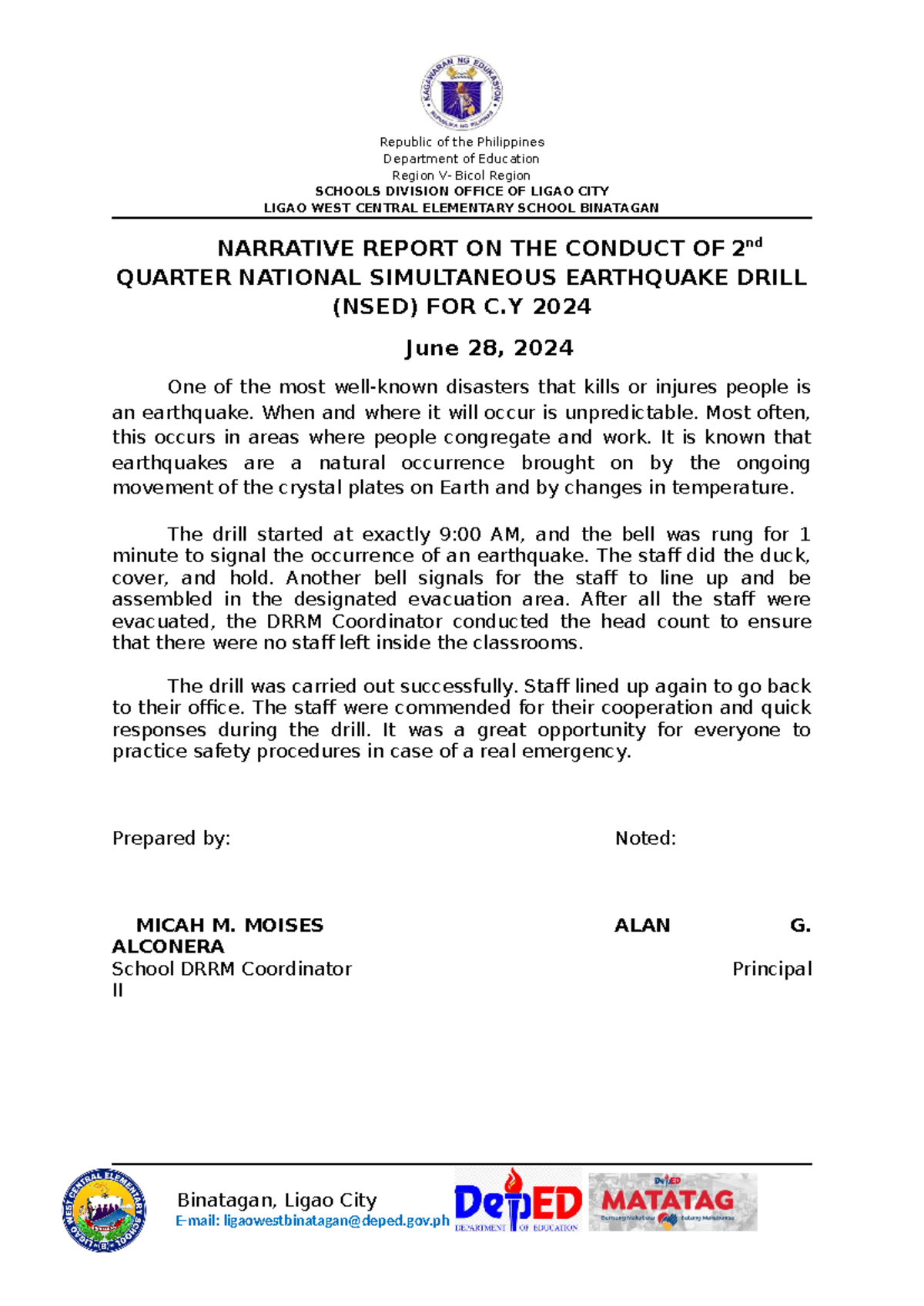 2ND Quarter NSED Narrative Report on Earthquake Drill - C.Y 2024 - Studocu