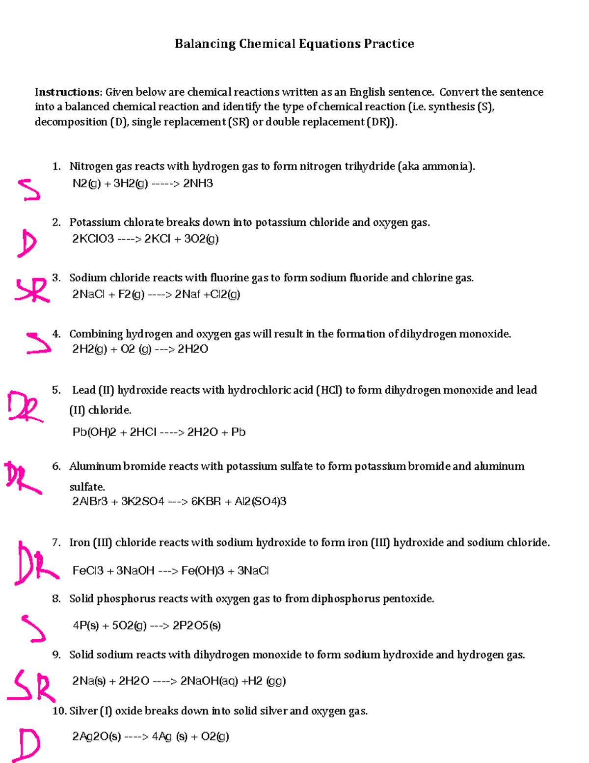 Balancing Chemical Equations Practice - Balancing Chemical Equations Practice Instructions ...