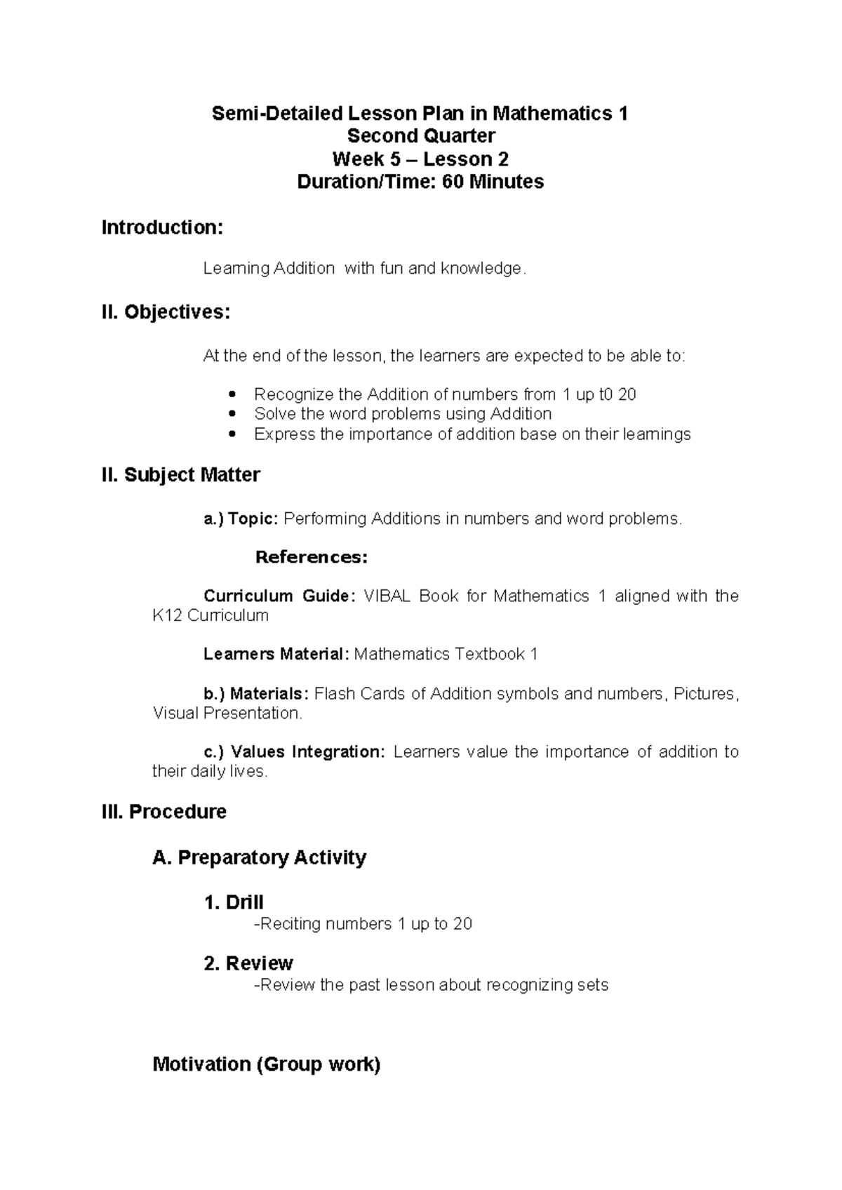 Mathematics 1 Lesson Plan: Addition Fun (2nd Qtr, Week 5) - Studocu