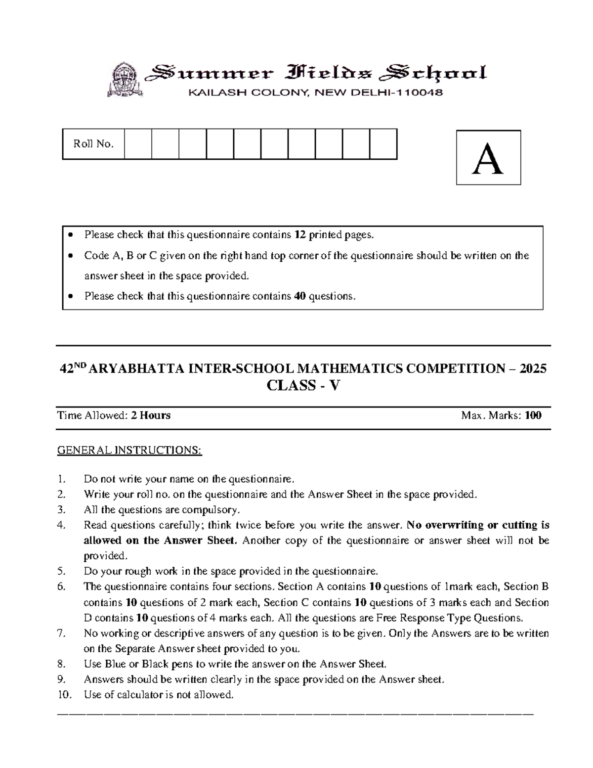 Class 5 Aryabhatta Mathematics Competition 2025 - SET A Questionnaire ...
