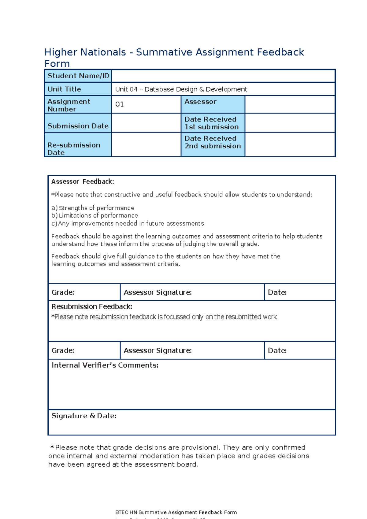 BTEC HN Unit 04: Database Design & Development Assignment Feedback Form ...