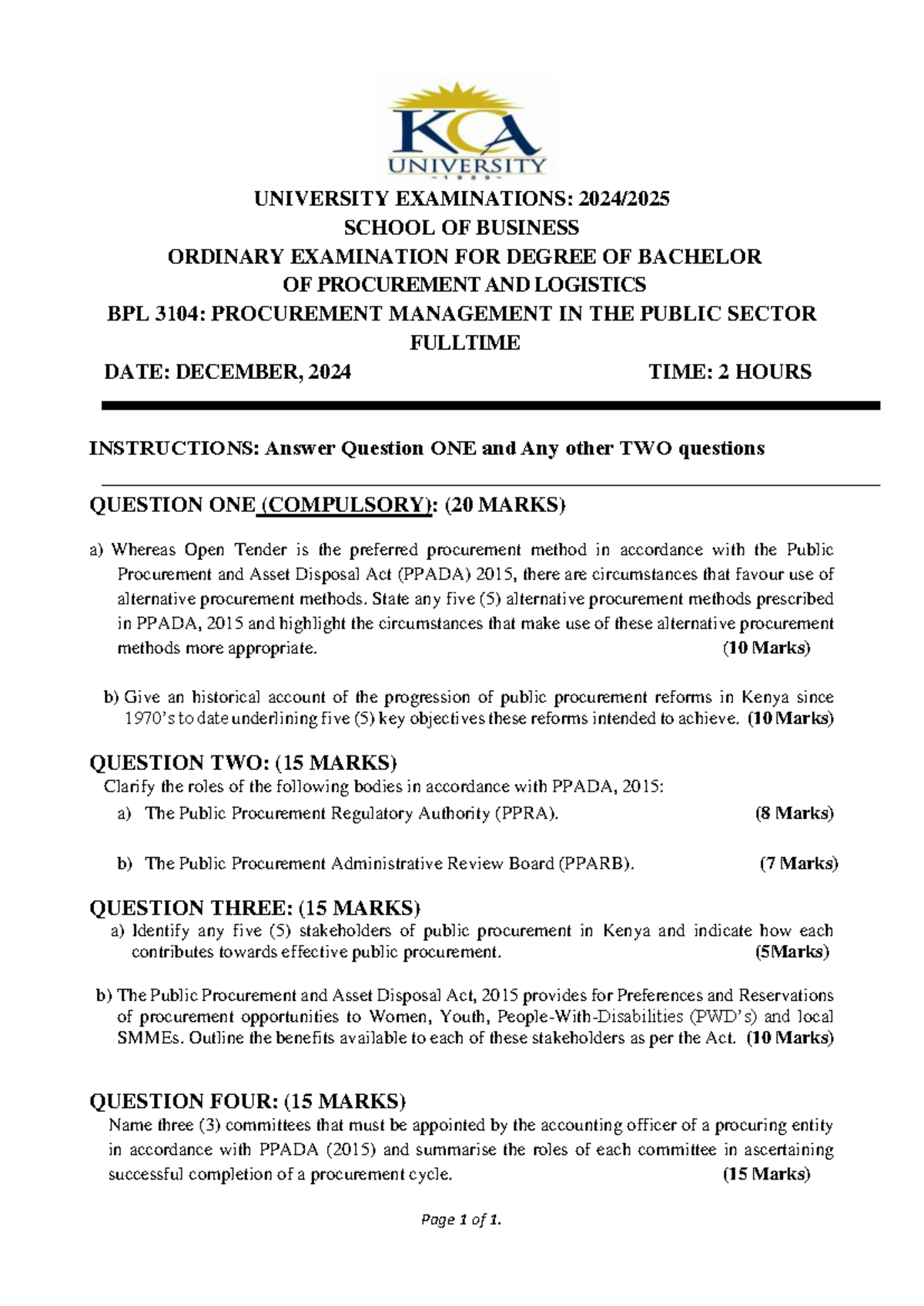 BPL 3104: Public Procurement Management Exam Questions & Guidelines ...
