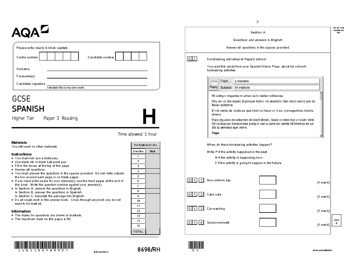 Spanish GCSE Higher Tier Paper 3 Reading - June 2022 Exam - Studocu
