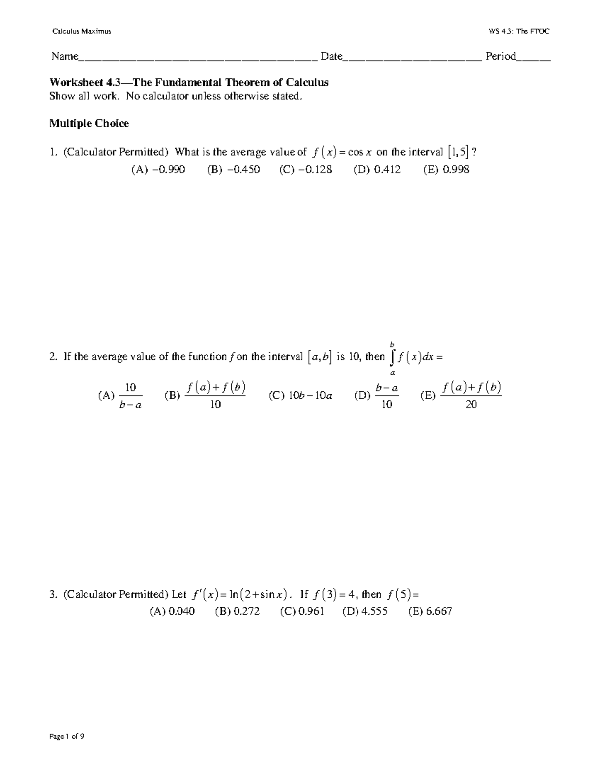 Fundamental Theorem Of Calculus Worksheet