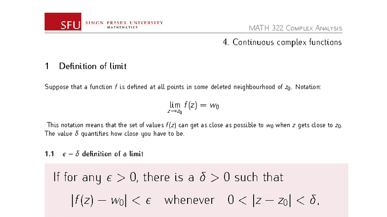 MATH 322 Complex Analysis: Limits and Continuity Notes - Studocu