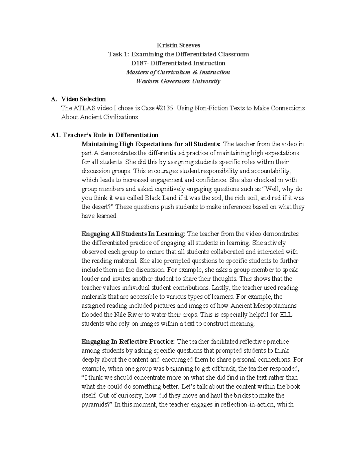 D187- Task 1 - D187- Task 1: Examining the Differentiated Classroom - Kristin Steeves Task 1 ...
