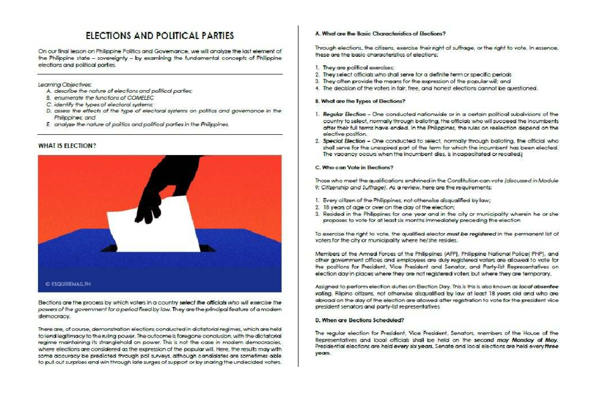 ELECTIONS AND POLITICAL PARTIES: Key Concepts in PH Politics (Week 10 ...