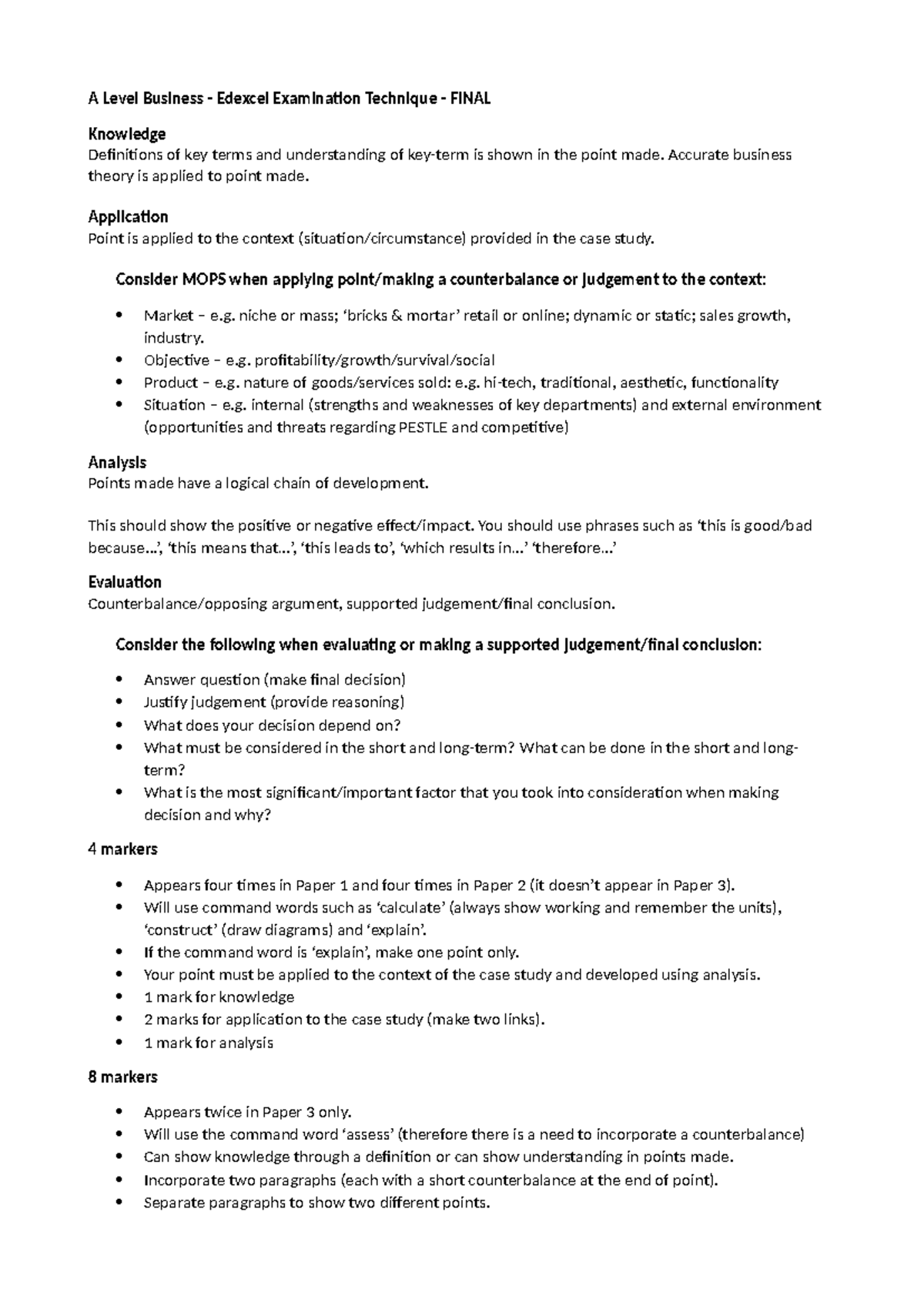 A Level Business - Edexcel Exam Technique Guide for Final Exam - Studocu