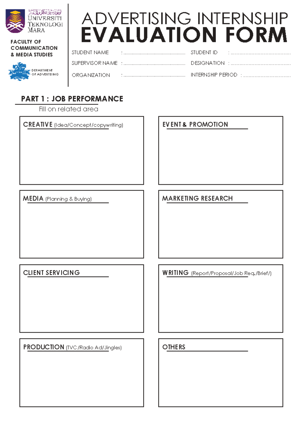 Advertising Internship Evaluation Form - Faculty of Communication Media ...