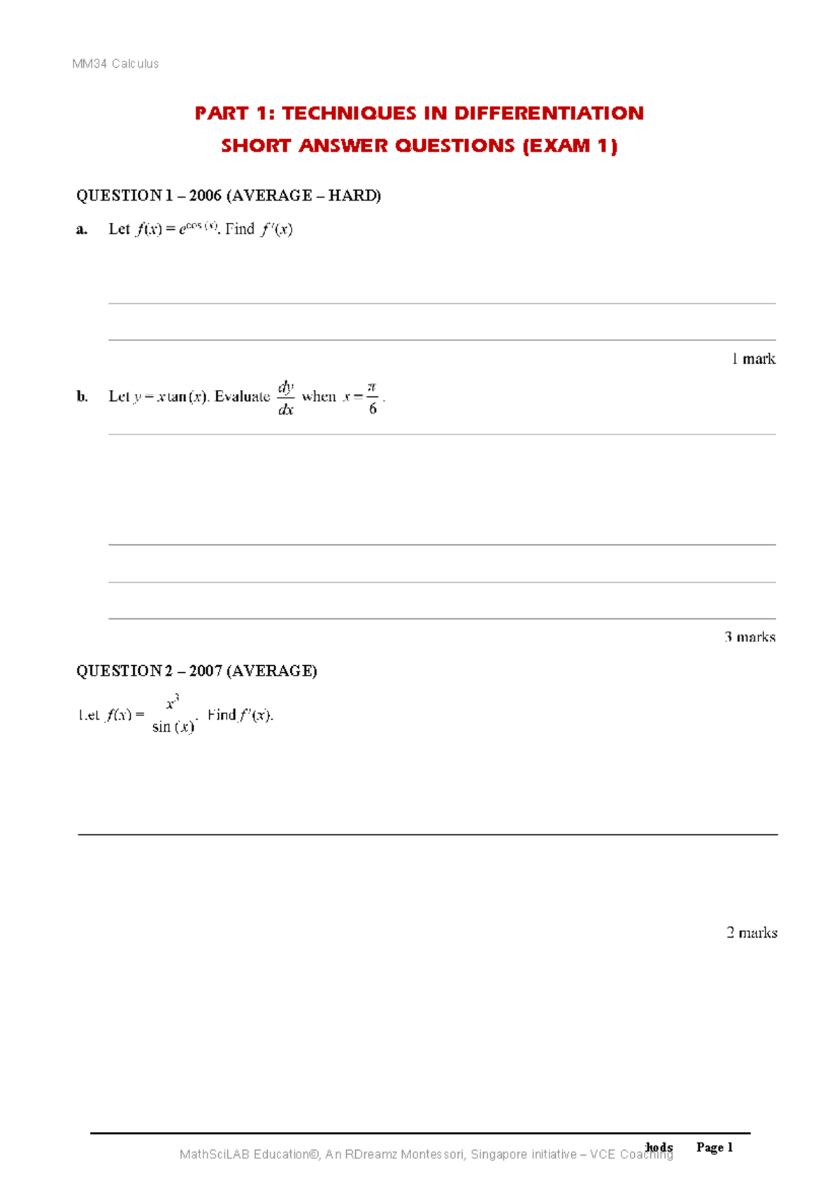 MM34 Calculus Exam 1: Techniques in Differentiation Q&A - Studocu