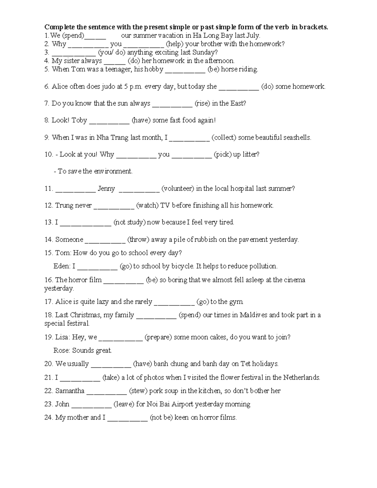 Ngữ pháp 2 - Present & Past Simple Verb Exercises - Studocu