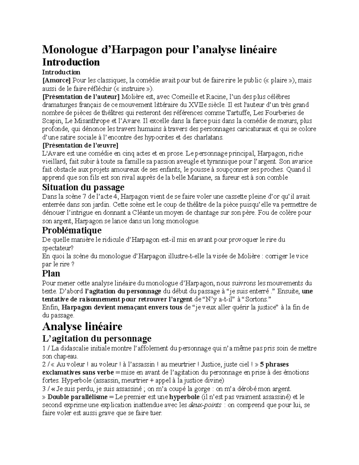Analyse linéaire du Monologue d'Harpagon - Étude Molière - Studocu