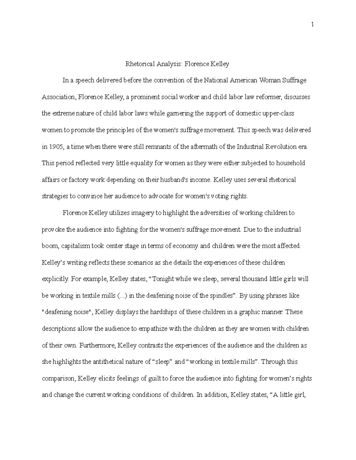 Rhetorical Analysis of Florence Kelley's Speech on Child Labor and ...