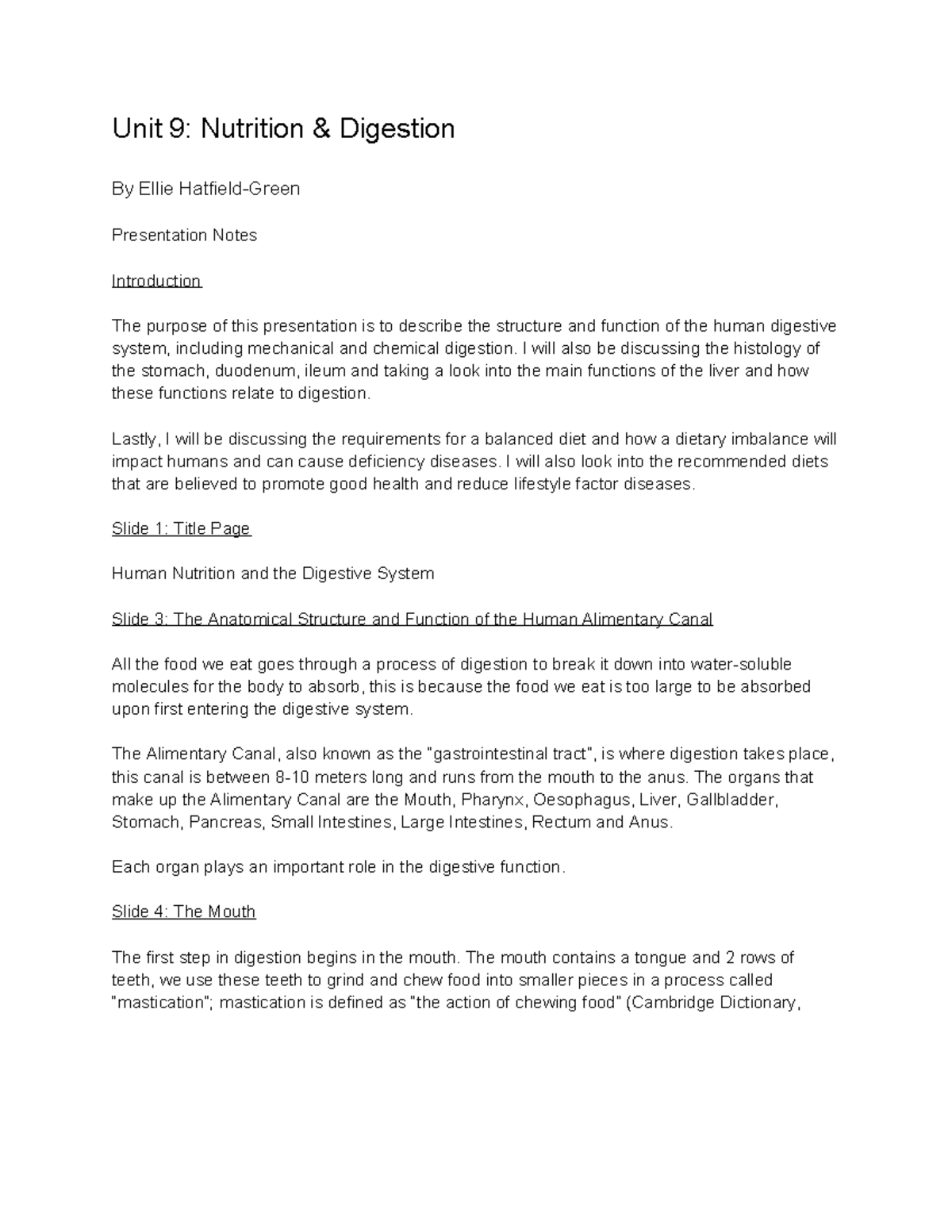 Unit 9: Nutrition & Digestion - Ellie Presentation Notes - Studocu
